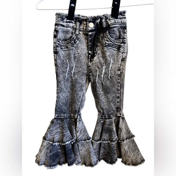 Bottoms | Little Girlstoddler Denim Frayed Western Bell Bottom Ruffle ...